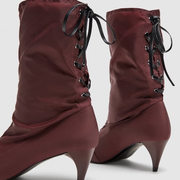 Zara | Shoes | Zara Burgundy Fabric Heel Ankle Boots With Laceup | Poshmark